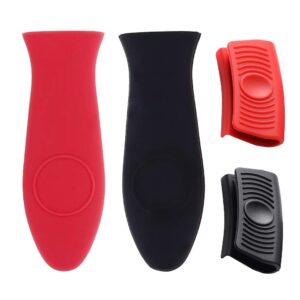 4 pieces silicone hot handle holder, potholder for cast iron skillets, silicone assist handle holder, non-slip pot holder sleeve, heat resistant potholder cookware handle (red&black)