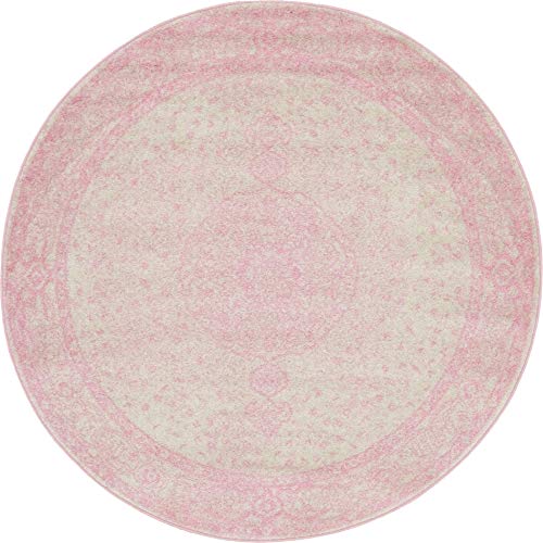 Rugs.com Dover Collection Rug – 5 Ft Round Pink Low-Pile Rug Perfect for Kitchens, Dining Rooms