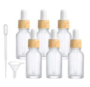 6 pcs,15ml/0.5 oz frosted glass dropper bottle for essential oils,empty glass liquid bottles holder with glass eye dropper,wood grain lid travel perfume cosmetic container-pipette&funnel included