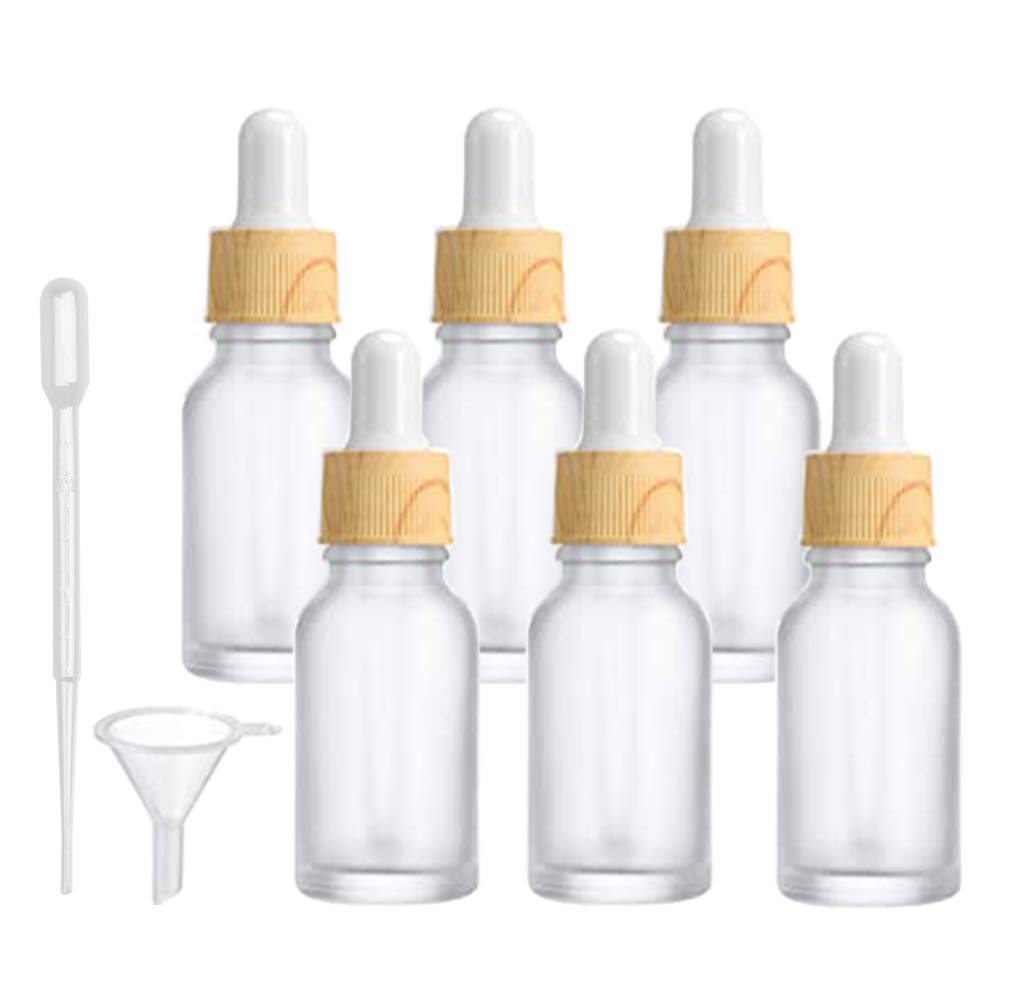 6 Pcs,15ml/0.5 Oz Frosted Glass Dropper Bottle for Essential Oils,Empty Glass Liquid Bottles Holder With Glass Eye Dropper,Wood Grain Lid Travel Perfume Cosmetic Container-Pipette&Funnel Included