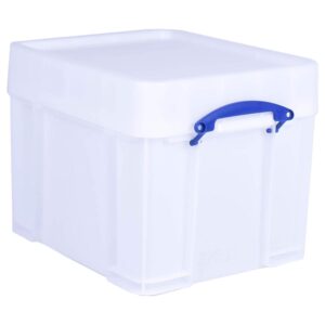 really useful box 35 liter plastic stackable storage container with xl snap lid & built-in clip lock handles for home or office organization, white