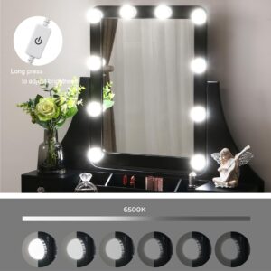 BEWISHOME Vanity Set with Lighted Mirror, 10 LED Dimmable Bulbs, Cushioned Stool, Makeup Vanity Makeup Table Dressing Table 5 Drawers 2 Dividers Removable Organizers Black FST08H