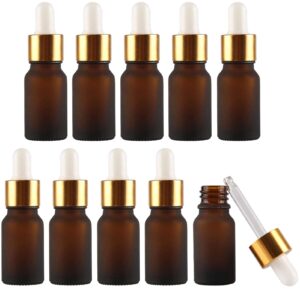 alledomain 10pcs, 10ml frosted amber glass bottles with glass pipettes, mini empty dropper bottles gold metal cap refillable sample container for essential oil/aromatherapy blends/chemical liquid