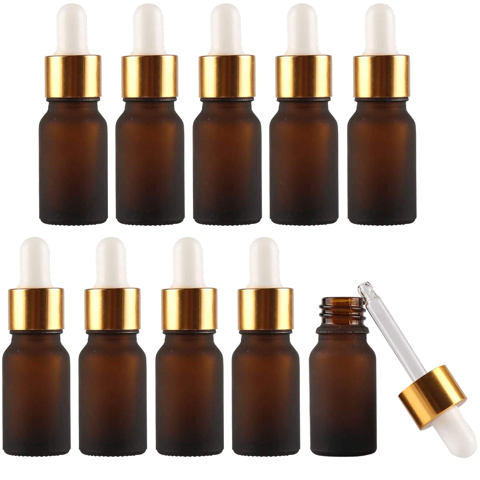 Alledomain 10Pcs, 10ml Frosted Amber Glass Bottles with Glass Pipettes, Mini Empty Dropper Bottles Gold Metal Cap Refillable Sample Container for Essential Oil/Aromatherapy Blends/Chemical Liquid