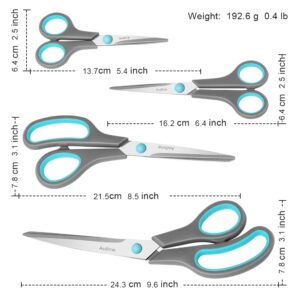 Asdirne Scissors Set of 4, Premium Stainless Steel Razor Blades, Ergonomic Semi-Soft Rubber Grip, Suitable for School, Office and Family Daily Use, 9.6''/8.5''/6.4"/5.4", Blue&Gray