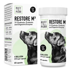 ruff & purr probiotics for dogs – multi-strain probiotics and prebiotics for gut health, immune support, healthy skin and coat – clinically studied de111 & preforpro – 60 easy to give capsules