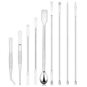 stonylab 9 pcs lab micro spoon and spatula set, stainless steel double-ended lab spatulas sampling spoons micro scoopulas weighting set with tweezers