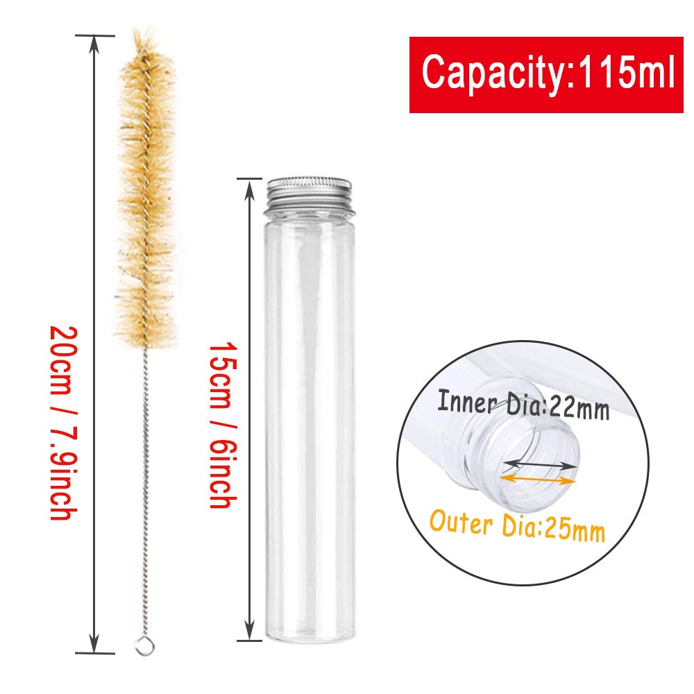 18 PCS 115ml Clear Plastic Test Tubes,150 x 33mm Flat Test Tube,Plastic Test Tube with Screw Caps and 1 Cleaning Brush for Bath Salt,Candy Storage,Science Party Favors,Wedding Decor