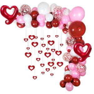 birthday red white pink balloons garland, 100pcs 18" 12" 5" latex balloon red heart shape foil balloon red heart hanging for girls birthday 1st 10th 16th 21st 30th women's birthday bridal shower decor