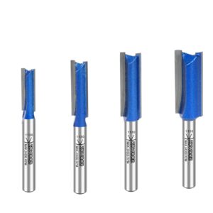 kowood plus double flute straight router bit set, 1/4 inch shank. cutting diameter in 1/4”, 5/16”, 3/8”, 1/2”. with updated kowood c3 carbide. great for create groove, dado or hollow