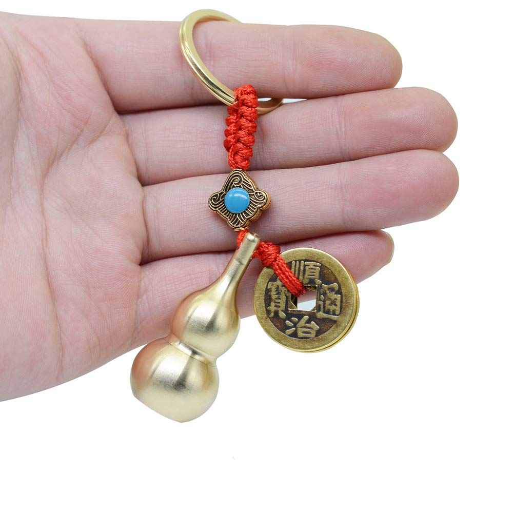 OPG 2 Pieces Gourd Brass Keychains,Feng Shui Luck Coins with Brass Calabash Wu Lou Key Ring for Good Luck, Wealth Success and Longevity, Blessing Paper in it