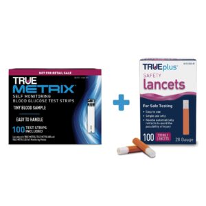 1x 100ct true metrix test strips + 1x 100ct trueplus 28g safety lancets