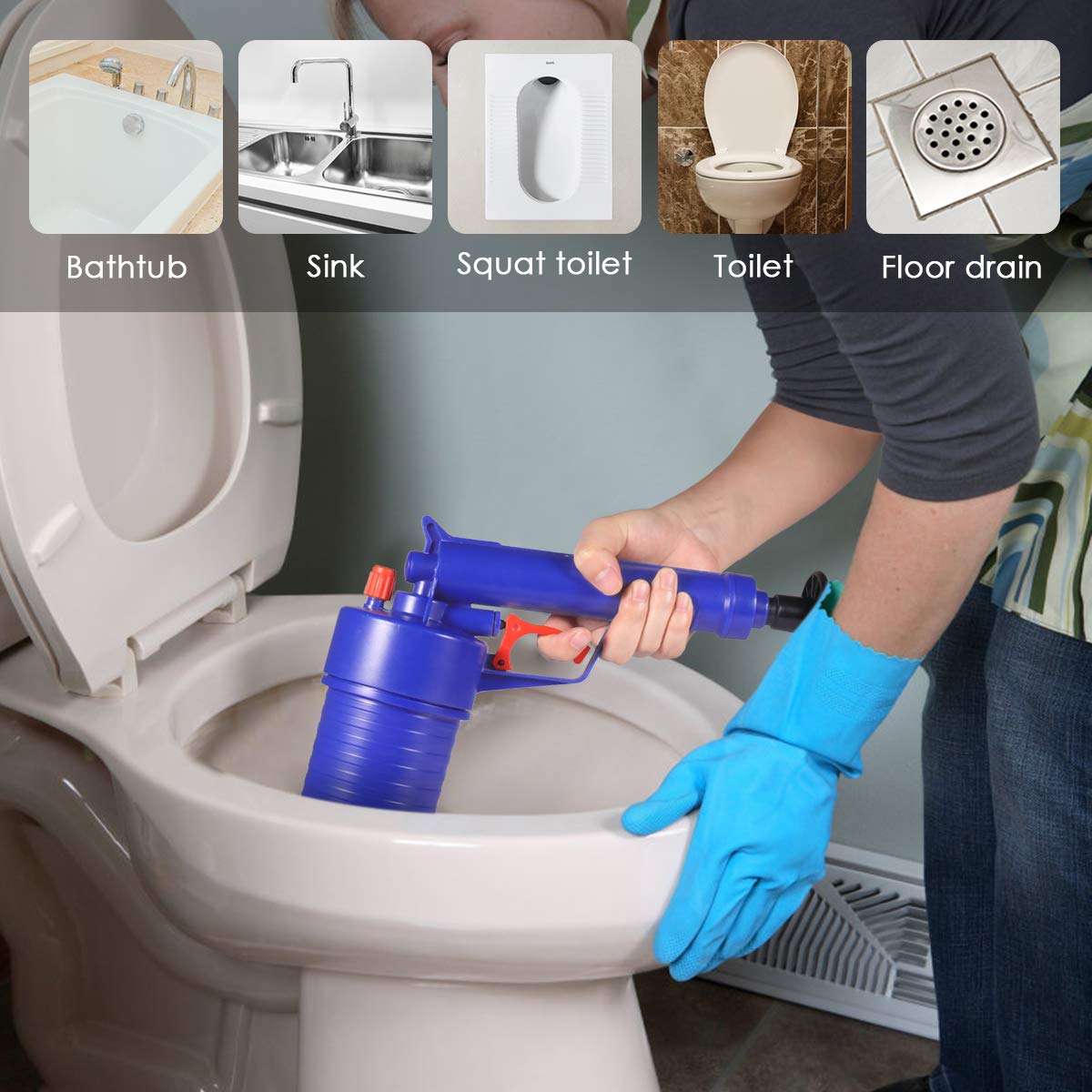 HeaBoom Plunger, Air Drain Blaster, Pressure Pump Cleaner, High Pressure Plunger Opener Cleaner Pump for Bath Toilets, Shower, Bathroom, Sink, Bathtub, Kitchen Clogged Pipe, Blue 21S