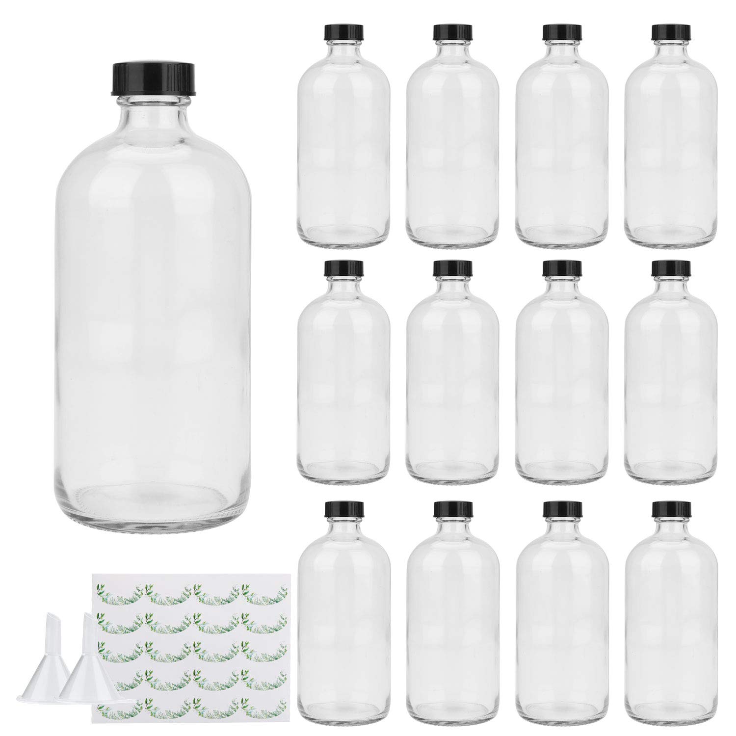 16oz Glass Bottles, Maredash 12 Pack Clear Glass Storage Bottles Sets with Lids