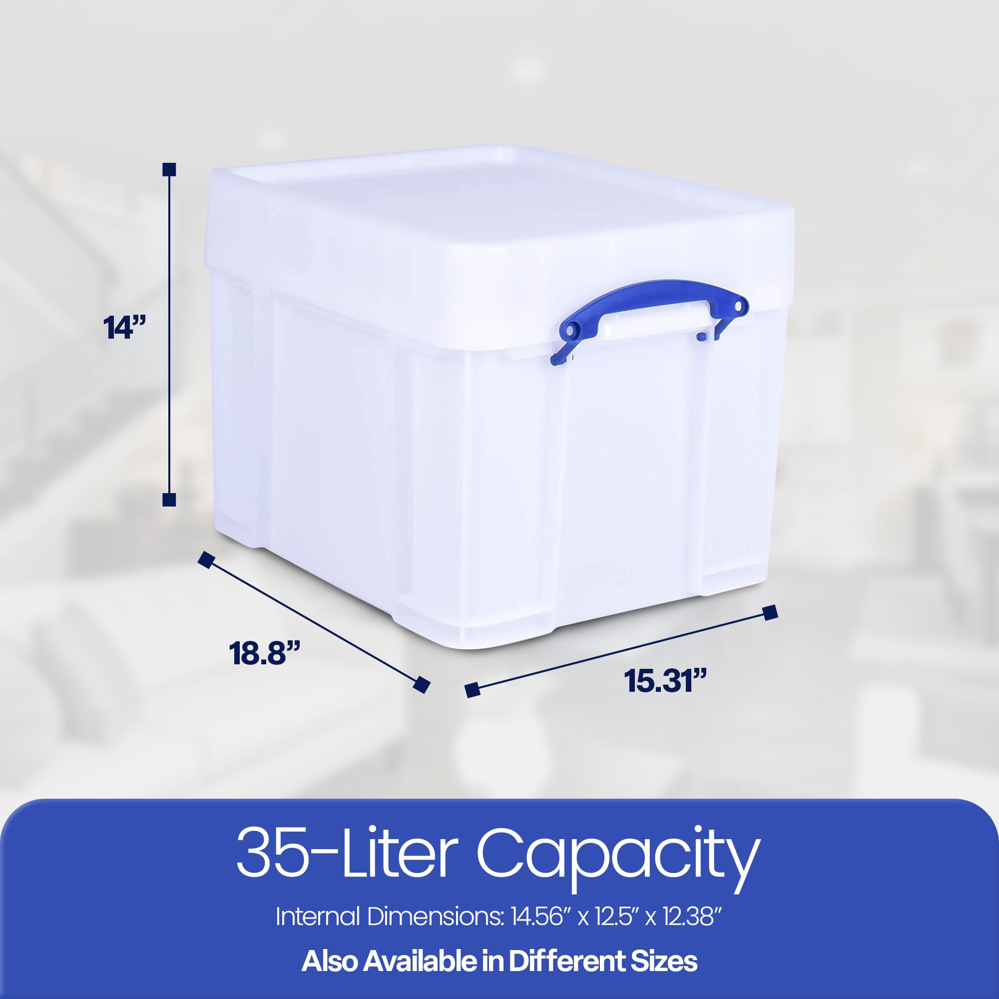 Really Useful Box 35 Liter Plastic Stackable Storage Container with XL Snap Lid & Built-In Clip Lock Handles for Home or Office Organization, White