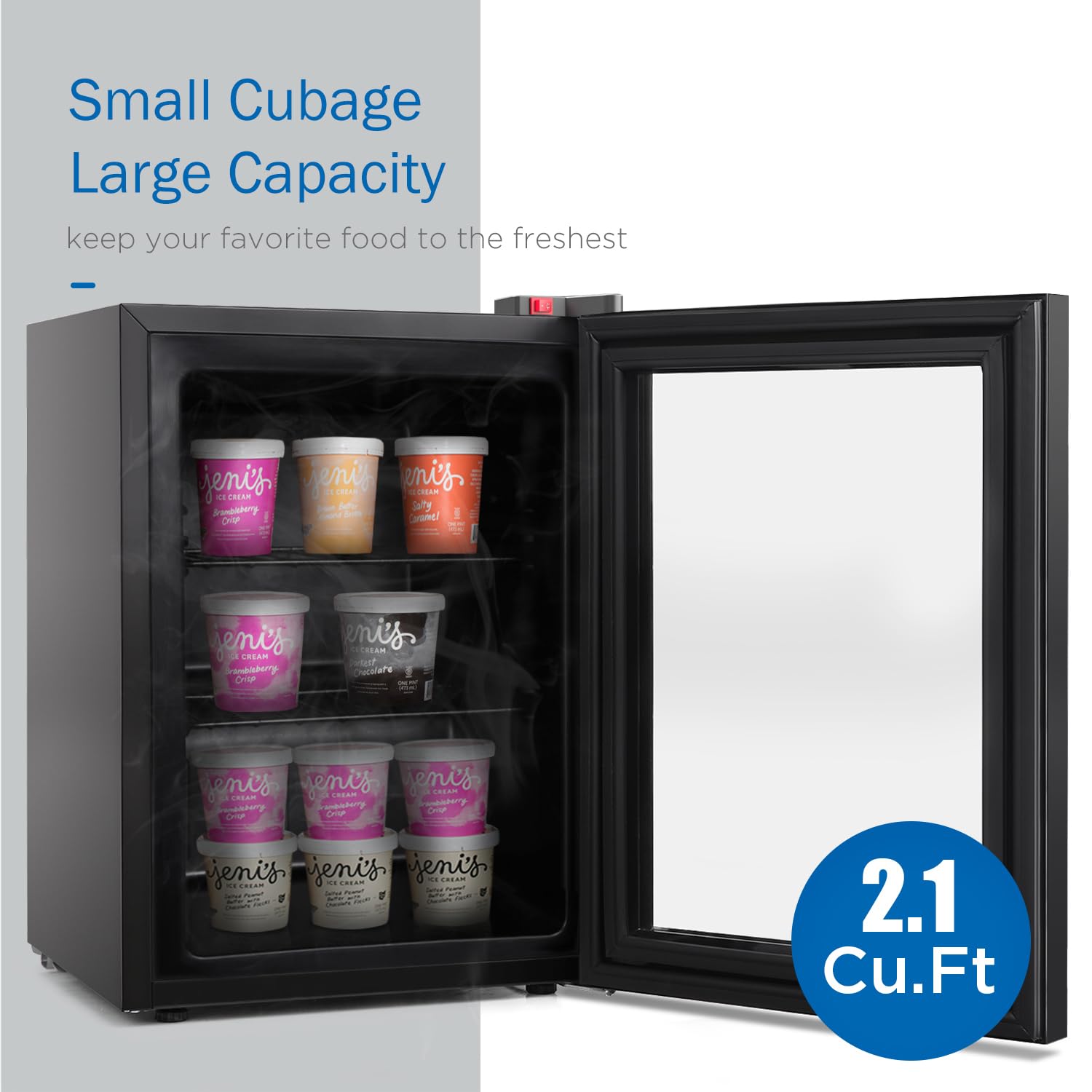 ADT Mini Freezer with Display Glass Door 2.1 Cu Ft Small Freezer with 2 Removable Shelves 7 Temperature Settings -8°F to 14°F Perfect for Liquor and Ice Cream