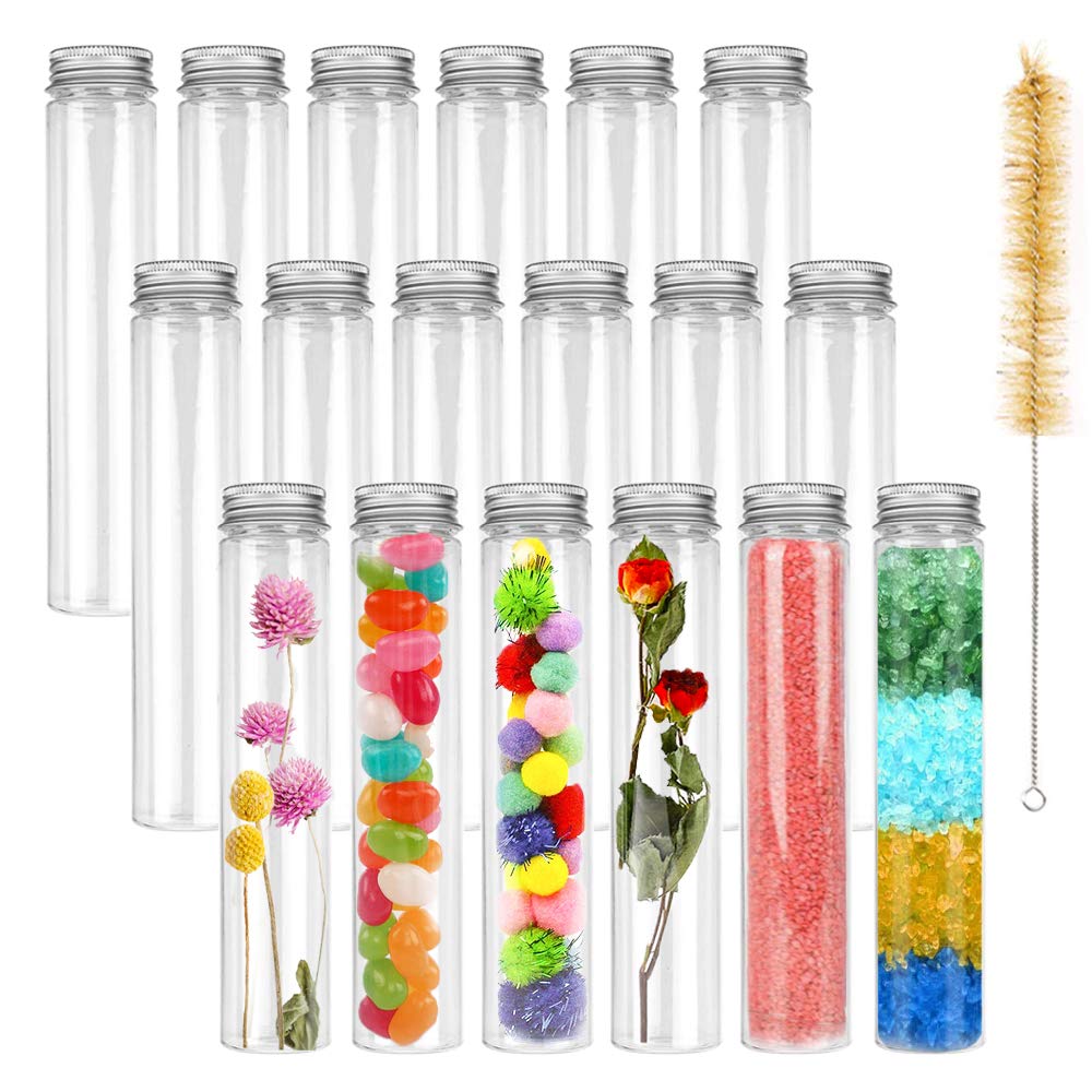 18 PCS 115ml Clear Plastic Test Tubes,150 x 33mm Flat Test Tube,Plastic Test Tube with Screw Caps and 1 Cleaning Brush for Bath Salt,Candy Storage,Science Party Favors,Wedding Decor