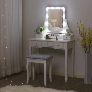 BEWISHOME Vanity Set with Lighted Mirror, 10 LED Dimmable Bulbs, Cushioned Stool, Makeup Vanity Makeup Table Dressing Table 5 Drawers 2 Dividers Removable Organizers White FST08W