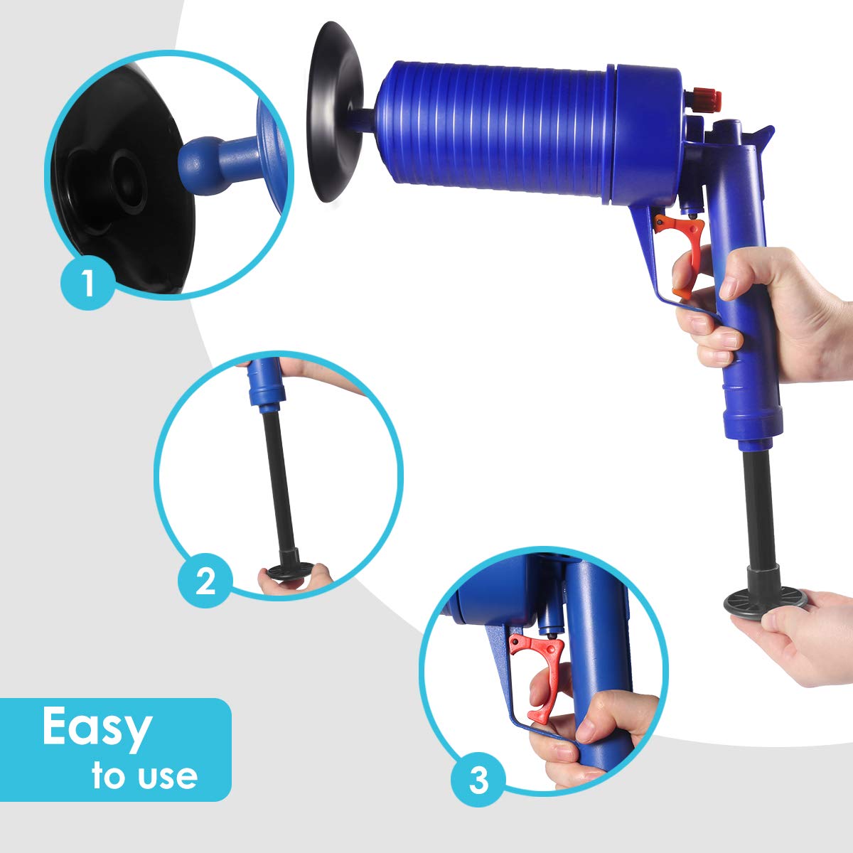 HeaBoom Plunger, Air Drain Blaster, Pressure Pump Cleaner, High Pressure Plunger Opener Cleaner Pump for Bath Toilets, Shower, Bathroom, Sink, Bathtub, Kitchen Clogged Pipe, Blue 21S