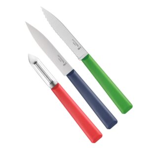 opinel les essentials+ small kitchen prep 3 piece knife set - paring knife, serrated knife, peeler, corrosion resistant + dishwasher safe, made in france