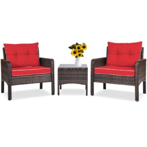 dortala 3 piece patio furniture set, outdoor rattan wicker conversation set with cushions, glass top coffee table for garden balcony poolside, red