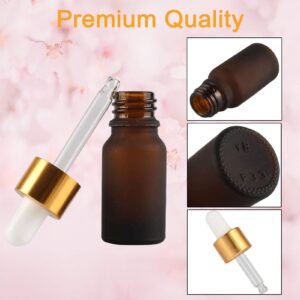 Alledomain 10Pcs, 10ml Frosted Amber Glass Bottles with Glass Pipettes, Mini Empty Dropper Bottles Gold Metal Cap Refillable Sample Container for Essential Oil/Aromatherapy Blends/Chemical Liquid