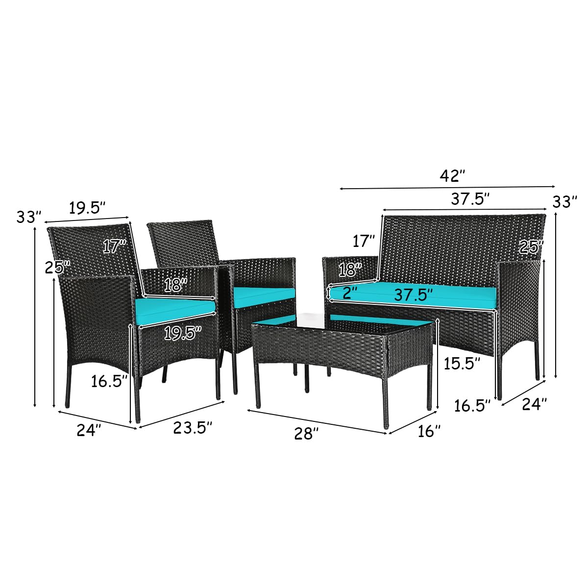 Tangkula 8 Piece Patio Furniture Set, Outdoor Wicker Conversation Set with Tempered Glass Coffee Table, Rattan Loveseat & Chairs Set with Seat Cushions for Backyard, Garden, Poolside (2, Turquoise)