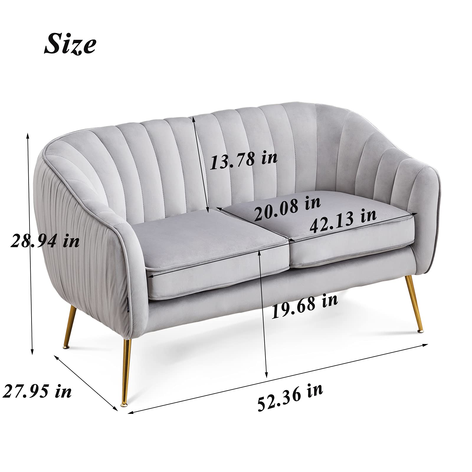 Artechworks Contemporary Tufted Velvet Tub Barrel Loveseat Sofa Chair Upholstered Couch with Golden Metal Legs Club Two-Seat Sofa for Living Reading Room Bedroom Apartment Small Space Dorm, Grey