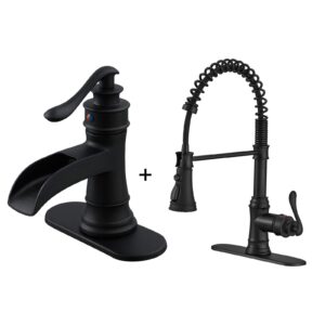 bwe black bathroom faucet matte waterfall sink farmhouse bath vanity single hole bundle with kitchen sink faucet with deck plate matte black with pull down sprayer 3 spray modes