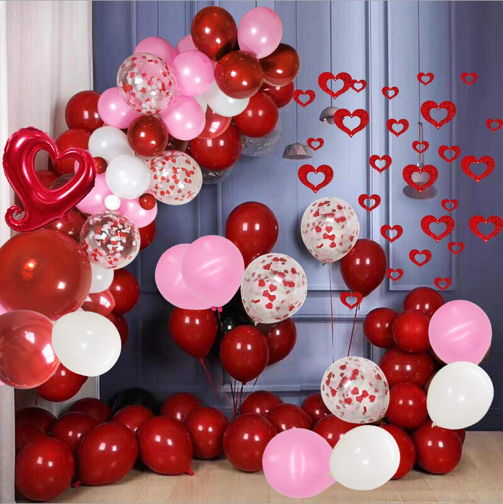 Birthday Red White Pink Balloons Garland, 100pcs 18" 12" 5" Latex Balloon Red Heart Shape Foil Balloon Red Heart Hanging for Girls Birthday 1st 10th 16th 21st 30th Women's Birthday Bridal Shower Decor