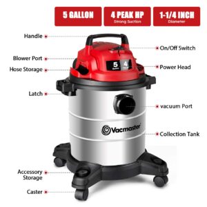 Vacmaster Red Edition VOC508S 1101 Stainless Steel Wet Dry Vacuum 5 Gallon 4 Peak HP 1-1/4 inch Hose Powerful Suction with Blower Function