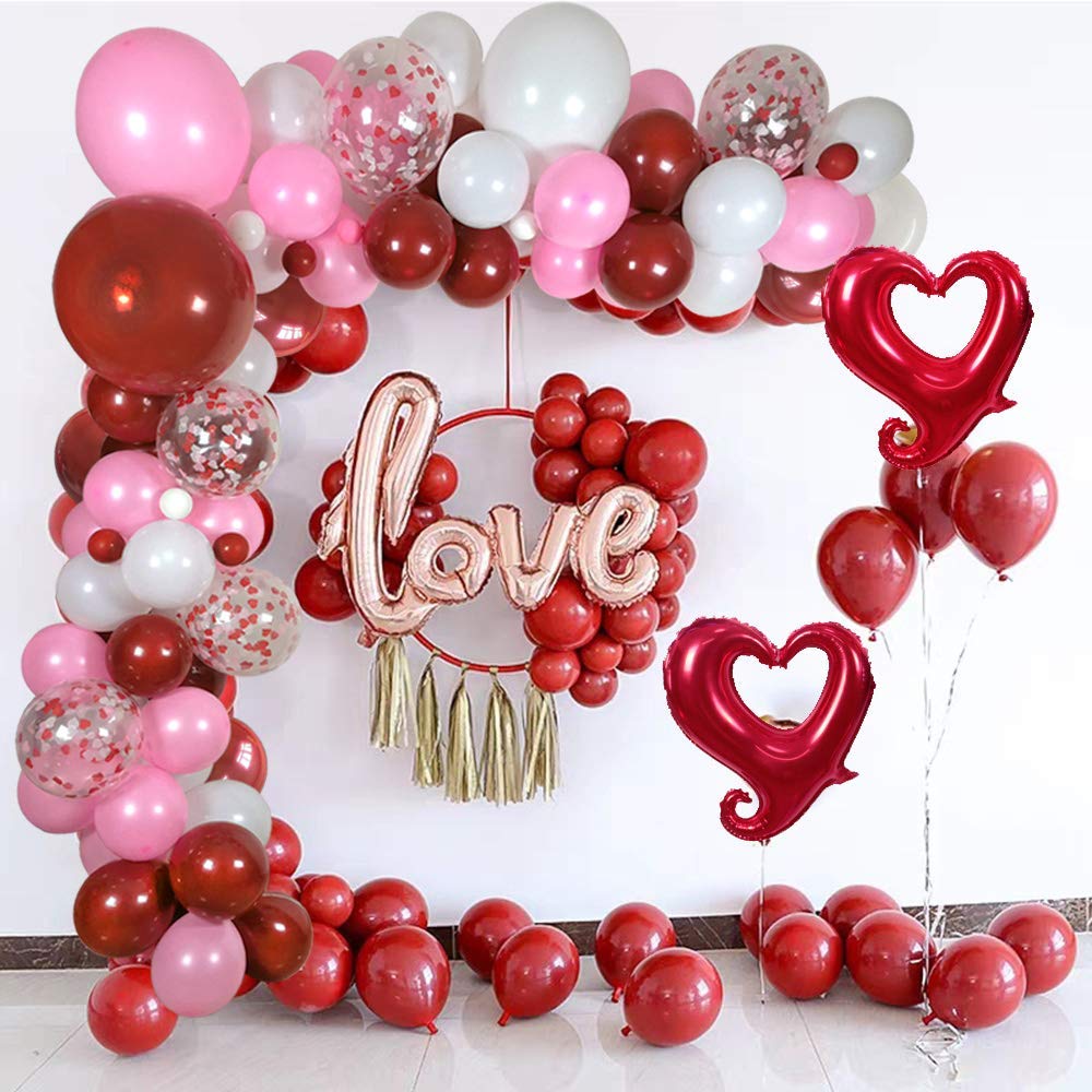 Birthday Red White Pink Balloons Garland, 100pcs 18" 12" 5" Latex Balloon Red Heart Shape Foil Balloon Red Heart Hanging for Girls Birthday 1st 10th 16th 21st 30th Women's Birthday Bridal Shower Decor