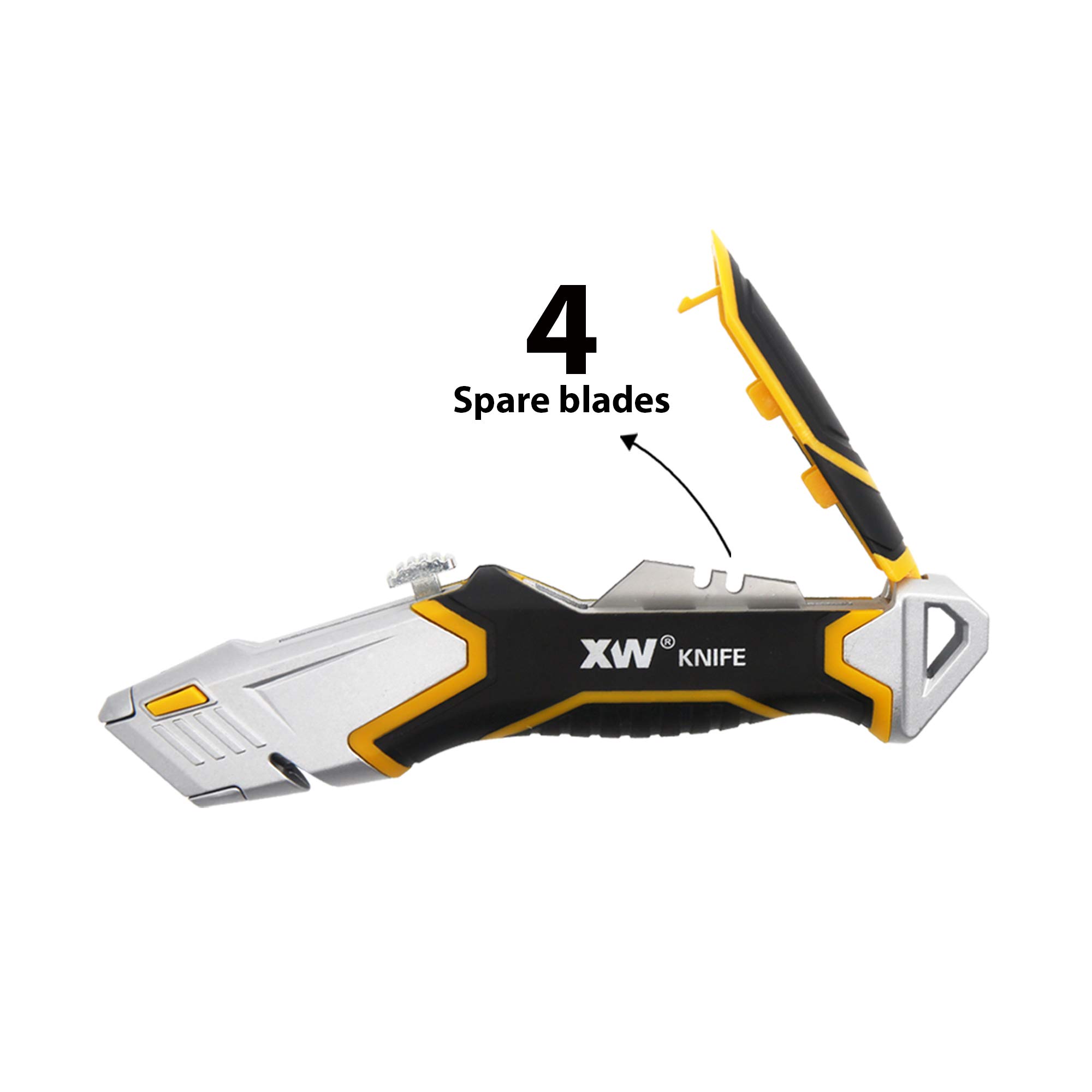 XW Retractable Utility Knife, Heavy Duty Box Cutter with 4 Spare Blade Storage in Handle,10 Extra Blades