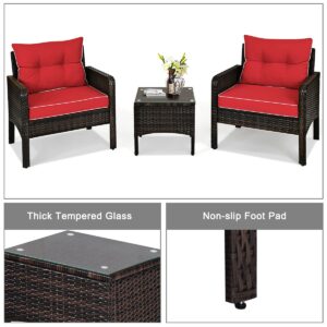 DORTALA 3 Piece Patio Furniture Set, Outdoor Rattan Wicker Conversation Set with Cushions, Glass Top Coffee Table for Garden Balcony Poolside, Red