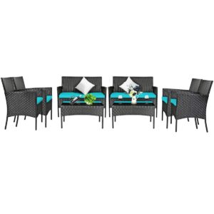 tangkula 8 piece patio furniture set, outdoor wicker conversation set with tempered glass coffee table, rattan loveseat & chairs set with seat cushions for backyard, garden, poolside (2, turquoise)