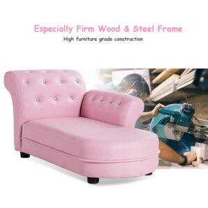 GLACER Kids Sofa, Pink Toddler Couch Princess Sofa with PVC Leather and Embedded Crystal, Upholstered Children Chaise Lounge, Baby Sofa Chair Children Armchair for Girls