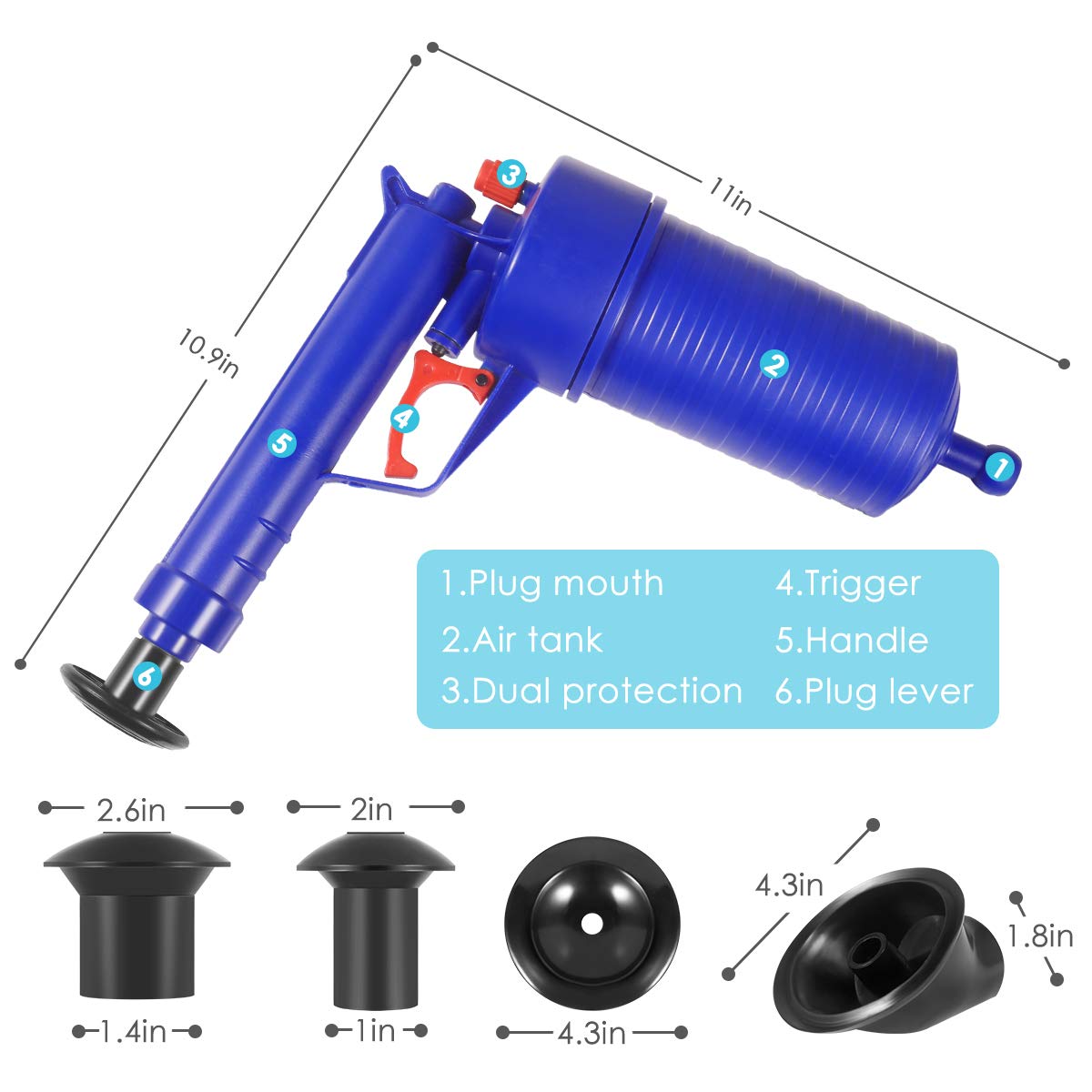 HeaBoom Plunger, Air Drain Blaster, Pressure Pump Cleaner, High Pressure Plunger Opener Cleaner Pump for Bath Toilets, Shower, Bathroom, Sink, Bathtub, Kitchen Clogged Pipe, Blue 21S