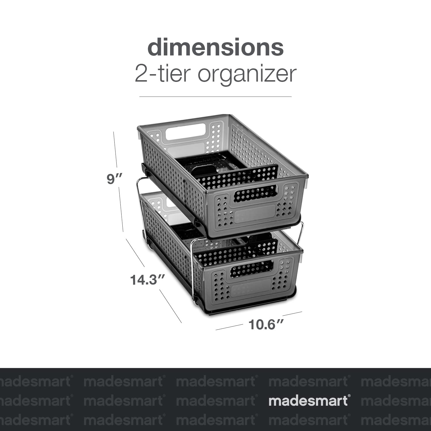 Madesmart 2-Tier Organizer Multi-Purpose Slide-Out Storage with Handles and Dividers for Home and Bath, BPA Free, Pack of 1, Carbon