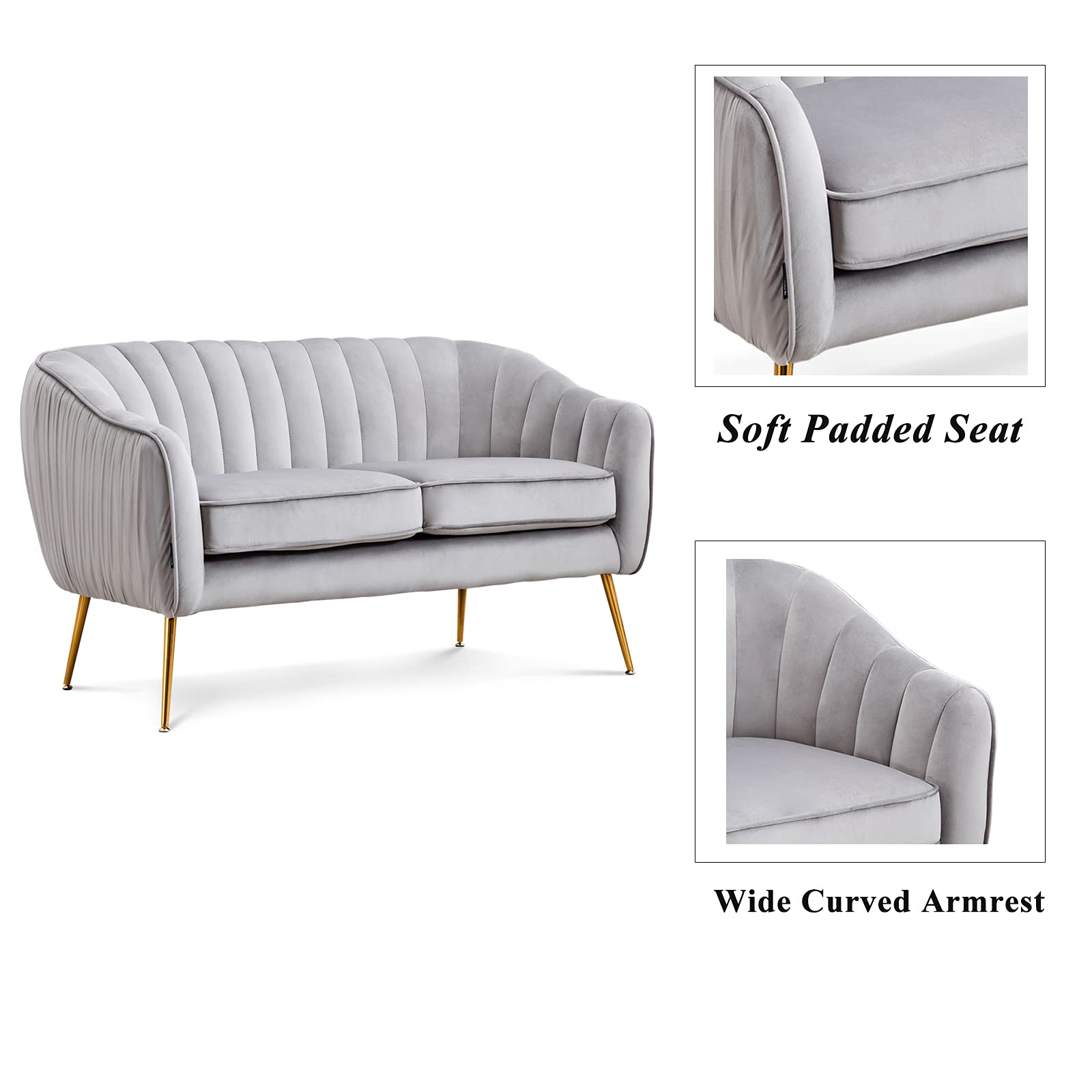 Artechworks Contemporary Tufted Velvet Tub Barrel Loveseat Sofa Chair Upholstered Couch with Golden Metal Legs Club Two-Seat Sofa for Living Reading Room Bedroom Apartment Small Space Dorm, Grey