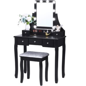 bewishome vanity set with lighted mirror, 10 led dimmable bulbs, cushioned stool, makeup vanity makeup table dressing table 5 drawers 2 dividers removable organizers black fst08h