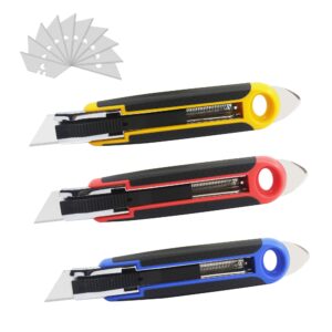 xw self retracting safety utility knife, auto retractable box cutter of assorted colors, extra 10 blades included, 3-pack