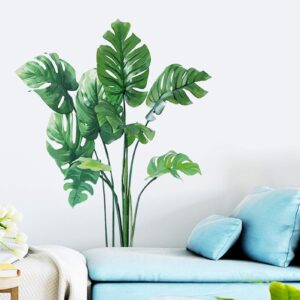 Leaf Wall Decals Monstera Leaf Tropical Plants Wall Stickers for Living Room, Palm Leaf Wall Posters Natural Green Plants Art Murals Vinyl Wallpaper for Bedroom Nursery Office