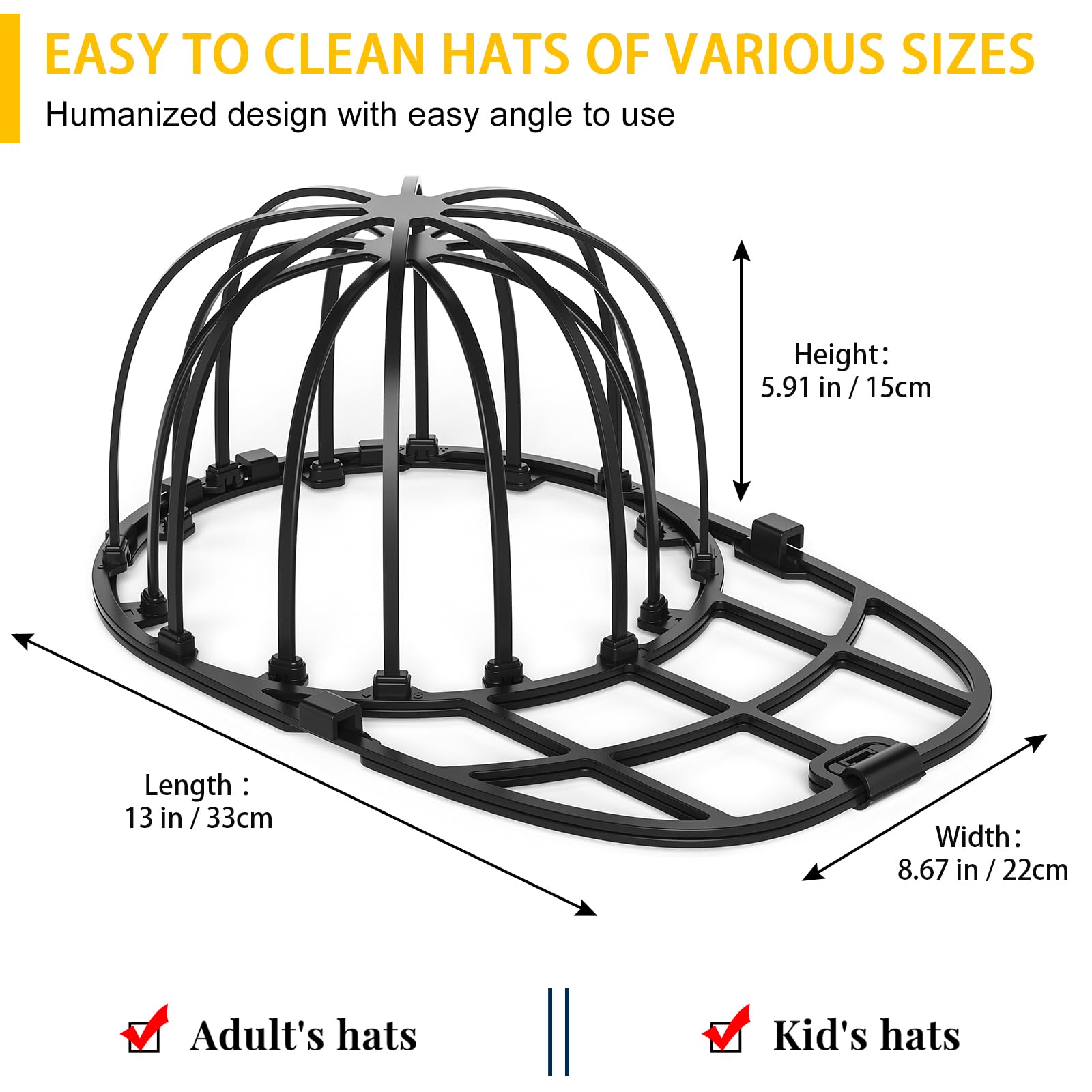 Hat Washer Cage for Washing Machine, Ball Cap Washer for Baseball Caps, Hat Cleaner Washing Cage for Dishwasher Fit for Adult and Kid's (Black)