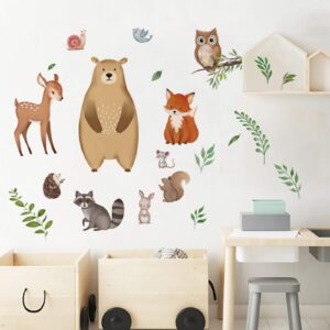 decalmile Large Woodland Animals Leaf Wall Decals Bear Fox Deer Wall Stickers Baby Nursery Kids Bedroom Classroom Wall Decor