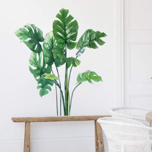 Leaf Wall Decals Monstera Leaf Tropical Plants Wall Stickers for Living Room, Palm Leaf Wall Posters Natural Green Plants Art Murals Vinyl Wallpaper for Bedroom Nursery Office