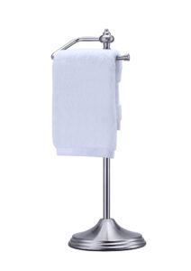 sunnypoint heavy weight classic decorative metal fingertip towel holder stand for bathroom, kitchen, vanity and countertops; hanging bar is 14.2" height (satin nickel, 15.6" x 5.6" x 5.6")