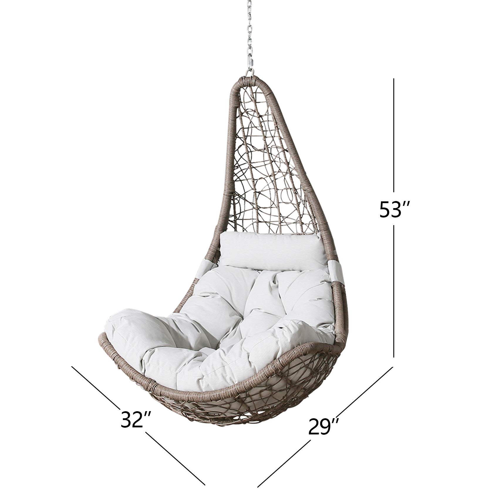 Ulax Furniture Outdoor Wicker Hanging Chair Swing, Patio Hanging Basket Swing Chair with Hanging Steel Chain (Beige)