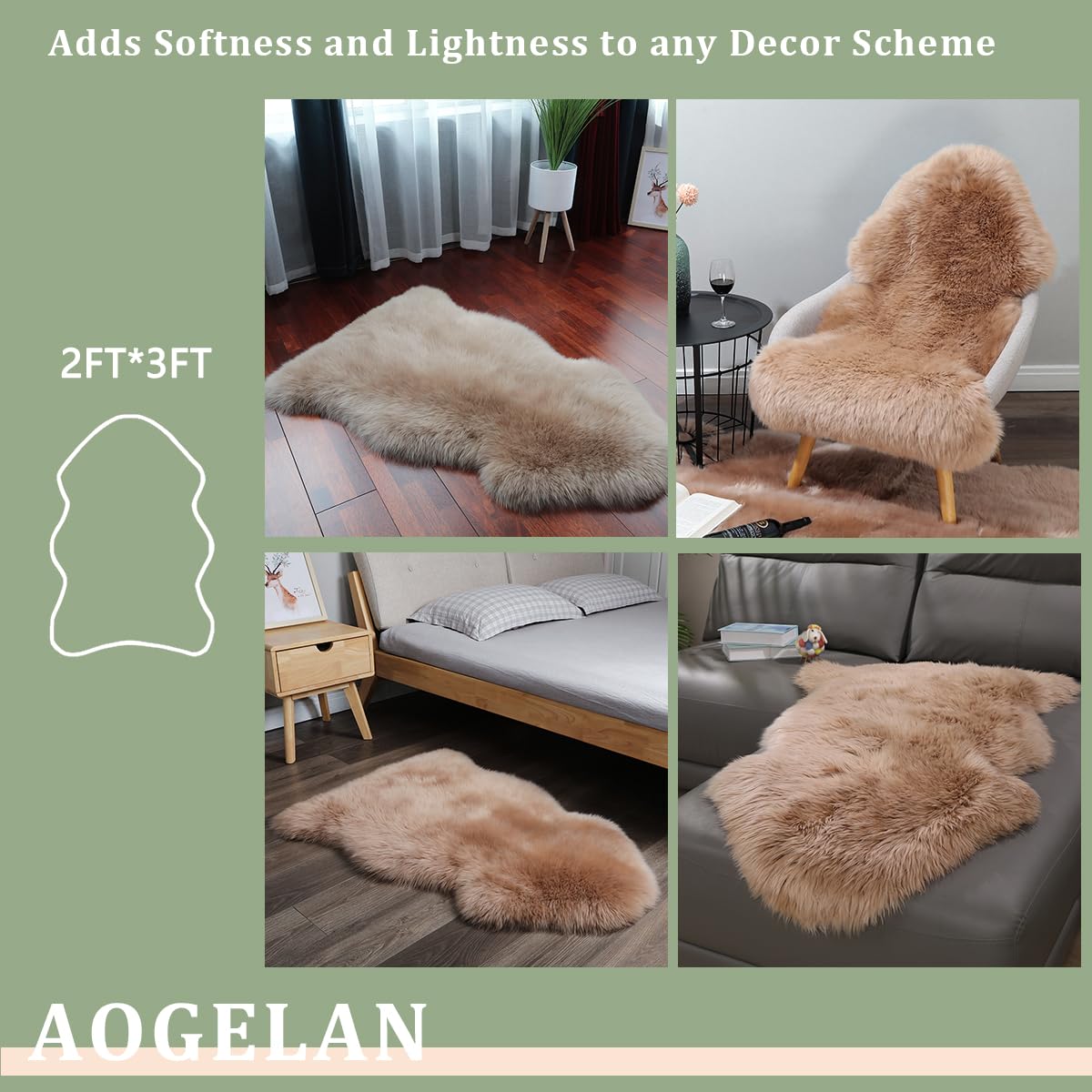 AOGELAN Shaggy Fur Area Rug, Genuine New Zealand Sheepskin Rug, Soft Fur Prayer Pup Carpet Mat, Single Pelt 2ft x 3ft (Light Brown, 2x3ft)