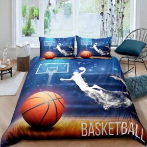 erosebridal boys basketball duvet cover queen basketball player bedding set competitive sports game comforter cover set for kids teens man arena tie dye bedspread cover with zipper closure, blue