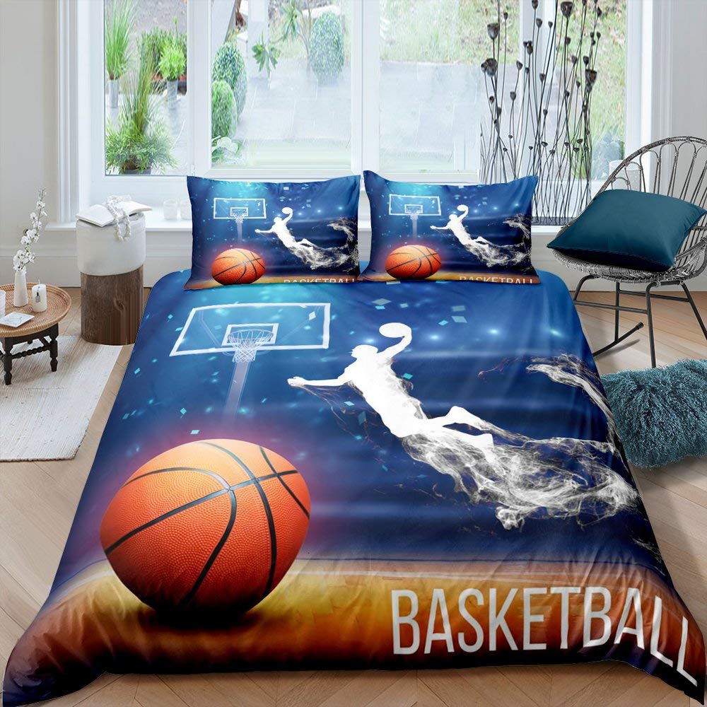 Erosebridal Boys Basketball Duvet Cover Queen Basketball Player Bedding Set Competitive Sports Game Comforter Cover Set for Kids Teens Man Arena Tie Dye Bedspread Cover with Zipper Closure, Blue